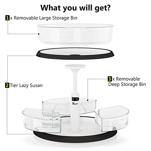 2-Tier Lazy Susan Turntable and Height Adjustable Cabinet Organizer with 1x Large Bin and 3 x Divided Bins, Removable, Clear Spice Rack Organizer for Cabinet, Pantry, Kitchen (2 Tier w/Bins)