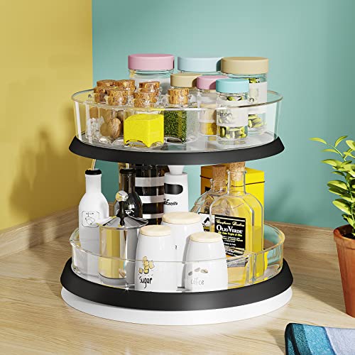 2-Tier Lazy Susan Turntable and Height Adjustable Cabinet Organizer with 1x Large Bin and 3 x Divided Bins, Removable, Clear Spice Rack Organizer for Cabinet, Pantry, Kitchen (2 Tier w/Bins)