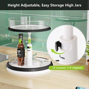 2-Tier Lazy Susan Turntable and Height Adjustable Cabinet Organizer with 1x Large Bin and 3 x Divided Bins, Removable, Clear Spice Rack Organizer for Cabinet, Pantry, Kitchen (2 Tier w/Bins)