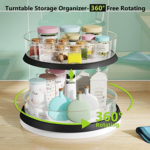 2-Tier Lazy Susan Turntable and Height Adjustable Cabinet Organizer with 1x Large Bin and 3 x Divided Bins, Removable, Clear Spice Rack Organizer for Cabinet, Pantry, Kitchen (2 Tier w/Bins)