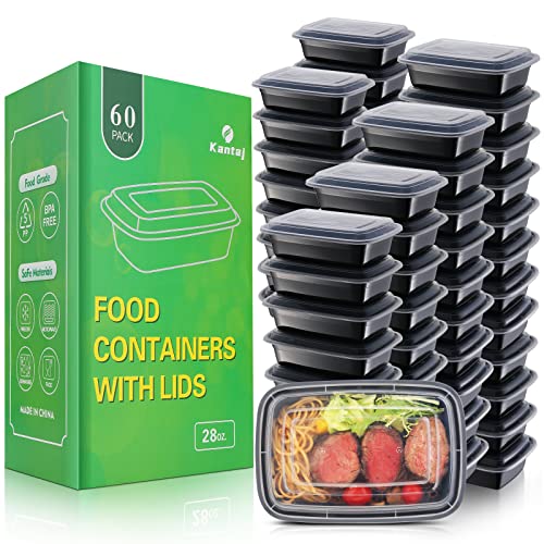 kantaj 60-Pack Plastic Food Containers with Lids (28 oz) Meal Prep Container Reusable (60 Lids + 60 Containers) To Go Containers for Food, BPA-Free, Freezer, Microwave, Dishwasher Safe. Sturdy