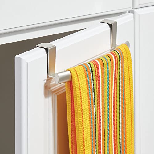 mDesign Steel Over Door Curved Towel Bar Storage, Hanger for Cabinet or Cupboard, Holder Rack for Kitchen, Bathroom - Holds Hand/Dish Towels, Washcloths - Spira Collection - Satin