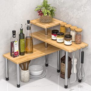 kitchen countertop organizer corner shelf, kitchen organization 3 tier shelf adjustable bamboo organizer for kitchen organization and storage , bathroom shelves, spice rack , coffee station (nature)