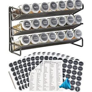 GONGSHI 3 Tier Spice Rack Organizer with 21 Empty Spice Jars, 386 Spice Labels, Chalk Marker and Funnel Set for Countertop Cabinet Pantry or Wall Door Mount - Black