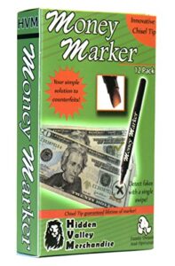 money marker (12 counterfeit pens) – counterfeit bill detector pen with upgraded chisel tip – detects fake counterfit bills, universal currency detectors pack