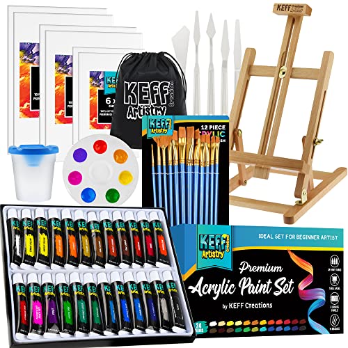 KEFF Acrylic Paint Set for Adults - Art Painting Supplies Kit with Tabletop Easel, Brushes, Canvas, Acrylic, Palette, Paint Knives & Cup for Professional & Beginners