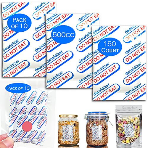 150 PCS Oxygen Absorbers for Food Storage Long Term, 500cc Food Grade Oxygen Obsorbers with Oxygen Indicator for Mylar Bags, Tupperware Plastic, Freeze Dryers & Dehydrators