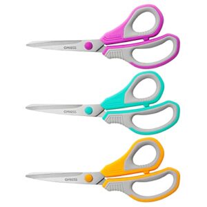 qmvess 8.5″ scissors all purpose 3 pack, ultra sharp multipurpose blade shears, professional ergonomic comfort grip scissors for office school home sewing fabric diy craft cutting general use