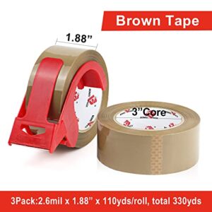 BOMEI PACK 3 Pack Heavy Duty Brown Packing Tape with Dispenser, 2.6 mil, 1.88 inch x 110 Yards, Brown Tape Refills for Industrial Shipping Box Packaging Tape for Moving, Office, & Storage