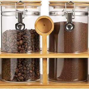 Yangbaga Glass Coffee Containers with Shelf, 2 x 45 FLOZ Coffee Bean Storage with Airtight Locking Clamp and Bamboo Spoon, Large Capacity Food Storage Jar for Kitchen