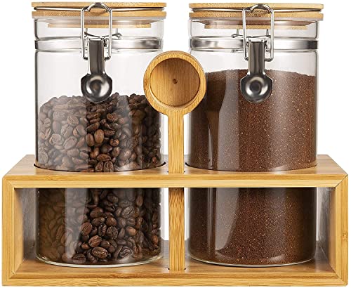 Yangbaga Glass Coffee Containers with Shelf, 2 x 45 FLOZ Coffee Bean Storage with Airtight Locking Clamp and Bamboo Spoon, Large Capacity Food Storage Jar for Kitchen