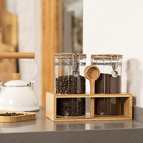 Yangbaga Glass Coffee Containers with Shelf, 2 x 45 FLOZ Coffee Bean Storage with Airtight Locking Clamp and Bamboo Spoon, Large Capacity Food Storage Jar for Kitchen