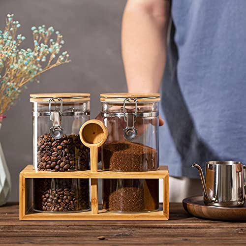 Yangbaga Glass Coffee Containers with Shelf, 2 x 45 FLOZ Coffee Bean Storage with Airtight Locking Clamp and Bamboo Spoon, Large Capacity Food Storage Jar for Kitchen