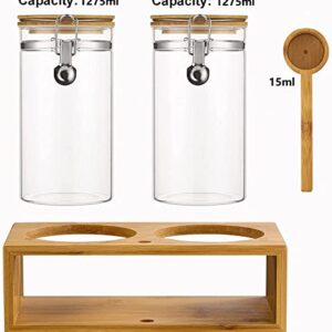 Yangbaga Glass Coffee Containers with Shelf, 2 x 45 FLOZ Coffee Bean Storage with Airtight Locking Clamp and Bamboo Spoon, Large Capacity Food Storage Jar for Kitchen