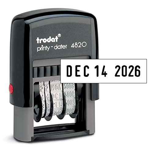 Trodat Date Stamp Printy 4820 Self Inking, Months in Letters, Imprint Black, 3/8” x 1-¼”