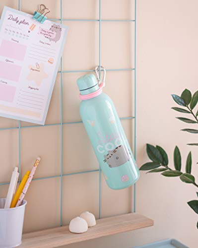 Grupo Erik Official Pusheen Water Bottle-Sports Bottle-500ml / 17OZ, Stainless Steel, Vacuum Insulated Water Bottle, Double Wall Reusable Water Bottle With Carabiner, BPA Free, Kawaii Water Bottle