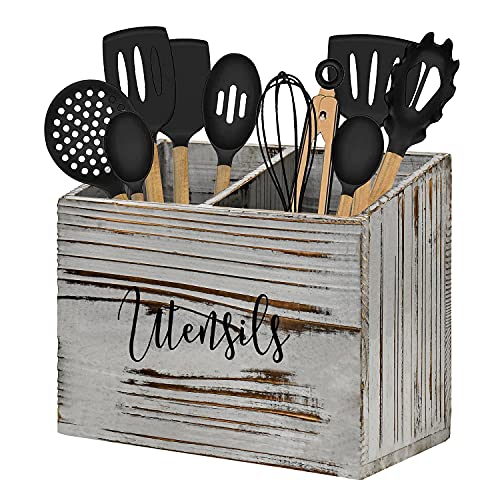 LADESIGGN Wood Utensil Holder for Countertop, Farmhouse Kitchen Decor for Flatware, Utensil Caddy with 2 Compartments, Rustic Utensil Organizer for Kitchen