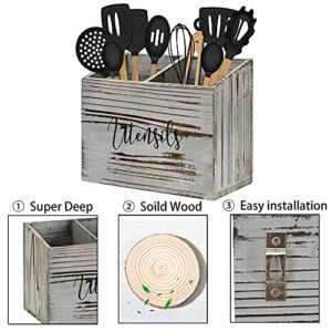 LADESIGGN Wood Utensil Holder for Countertop, Farmhouse Kitchen Decor for Flatware, Utensil Caddy with 2 Compartments, Rustic Utensil Organizer for Kitchen