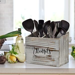 LADESIGGN Wood Utensil Holder for Countertop, Farmhouse Kitchen Decor for Flatware, Utensil Caddy with 2 Compartments, Rustic Utensil Organizer for Kitchen