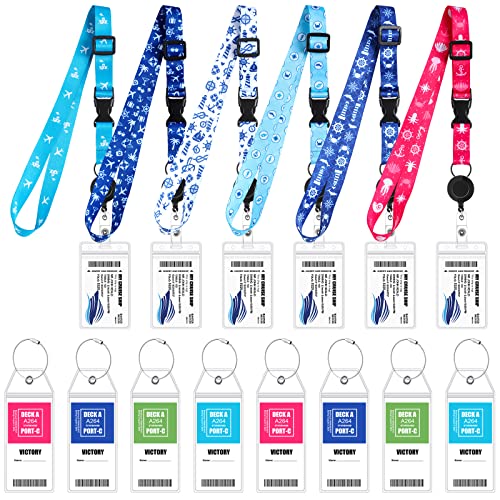 6 Sets Cruise Lanyards, Retractable Carnival Cruise Lanyard with 8 Waterproof Luggage Tag Holders Set, Adjustable Cruise Lanyard with Detachable Badge Holder for Cards Accessories (Vibrant Sailing)