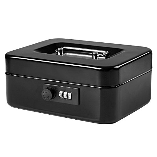 Jssmst Medium Cash Box with Combination Lock- Durable Metal Cash Box with Money Tray Black,7.87 x 6.3 x 3.35 inches, CB0701M