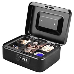 Jssmst Medium Cash Box with Combination Lock- Durable Metal Cash Box with Money Tray Black,7.87 x 6.3 x 3.35 inches, CB0701M