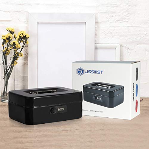 Jssmst Medium Cash Box with Combination Lock- Durable Metal Cash Box with Money Tray Black,7.87 x 6.3 x 3.35 inches, CB0701M