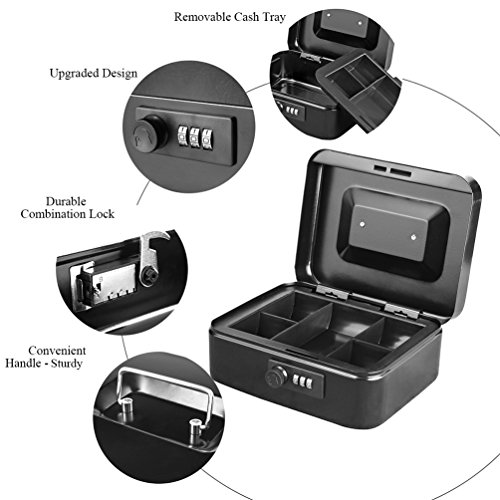 Jssmst Medium Cash Box with Combination Lock- Durable Metal Cash Box with Money Tray Black,7.87 x 6.3 x 3.35 inches, CB0701M