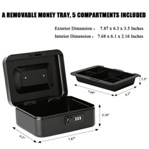 Jssmst Medium Cash Box with Combination Lock- Durable Metal Cash Box with Money Tray Black,7.87 x 6.3 x 3.35 inches, CB0701M