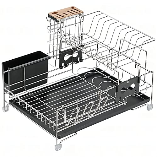 slhsy Dish Drying Rack, Stainless Steel 2-Tier Dish Rack with Cup Holder Utensil Holder Cutting Board Holder Knife Holder Drain Board for Kitchen Counter