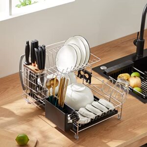 slhsy Dish Drying Rack, Stainless Steel 2-Tier Dish Rack with Cup Holder Utensil Holder Cutting Board Holder Knife Holder Drain Board for Kitchen Counter