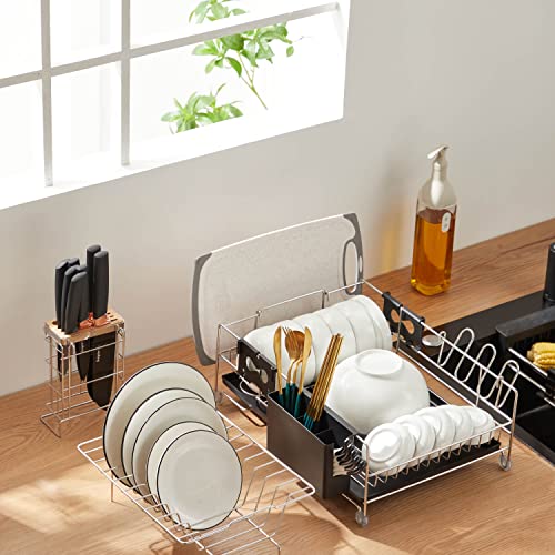 slhsy Dish Drying Rack, Stainless Steel 2-Tier Dish Rack with Cup Holder Utensil Holder Cutting Board Holder Knife Holder Drain Board for Kitchen Counter