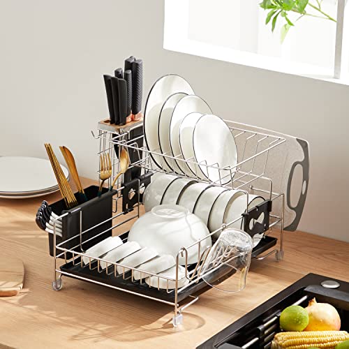 slhsy Dish Drying Rack, Stainless Steel 2-Tier Dish Rack with Cup Holder Utensil Holder Cutting Board Holder Knife Holder Drain Board for Kitchen Counter