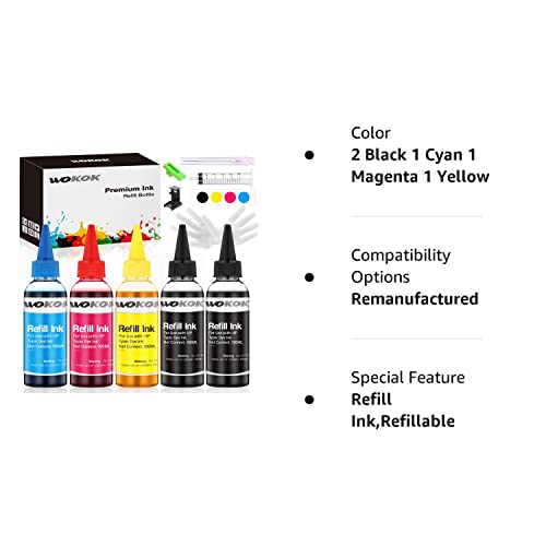 WOKOK Refill Ink Kit for HP 67 67XL 63 63XL 65 65XL 61 61XL 950 950XL 951XL 902XL 952XL Ink Cartridges, 100ML x 5 Bottles with Syringes (2 Black 1 Cyan 1 Magenta 1 Yellow)