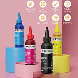 WOKOK Refill Ink Kit for HP 67 67XL 63 63XL 65 65XL 61 61XL 950 950XL 951XL 902XL 952XL Ink Cartridges, 100ML x 5 Bottles with Syringes (2 Black 1 Cyan 1 Magenta 1 Yellow)