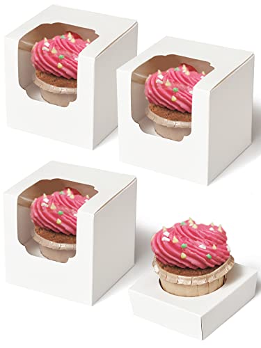 Happyhiram Cupcake Boxes 50 Pcs White Individual Cupcake Box, Single Cupcake Containers Cardboard Holders with Inserts and Window for Muffins Cocoa Bombs Packaging Togo Boxes for Birthdays Showers Party Favors Packing