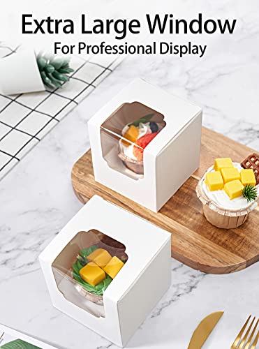 Happyhiram Cupcake Boxes 50 Pcs White Individual Cupcake Box, Single Cupcake Containers Cardboard Holders with Inserts and Window for Muffins Cocoa Bombs Packaging Togo Boxes for Birthdays Showers Party Favors Packing