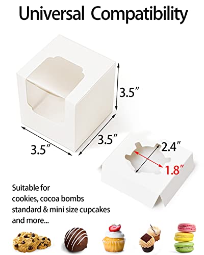 Happyhiram Cupcake Boxes 50 Pcs White Individual Cupcake Box, Single Cupcake Containers Cardboard Holders with Inserts and Window for Muffins Cocoa Bombs Packaging Togo Boxes for Birthdays Showers Party Favors Packing