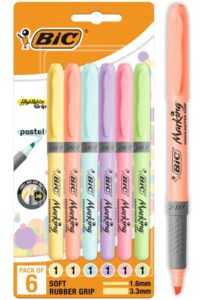 bic highlighter grip pastel, highlighter pens with adjustable chisel tip, rubber grip for extra comfort, assorted colours, pack of 6