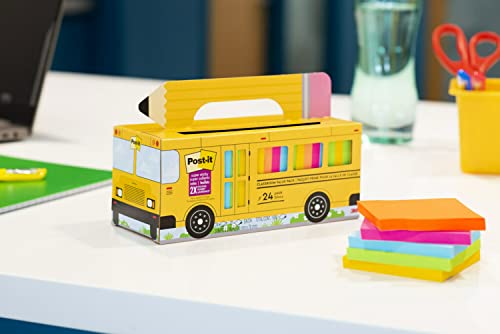 Post-it Super Sticky Notes Value Pack, 24 Pads, Convenient School Bus Carry and Storage Case, 2X The Sticking Power, 3x3 in, Bright Colors (Orange, Pink, Blue, Green, Yellow), Recyclable (654-24SSBUS)