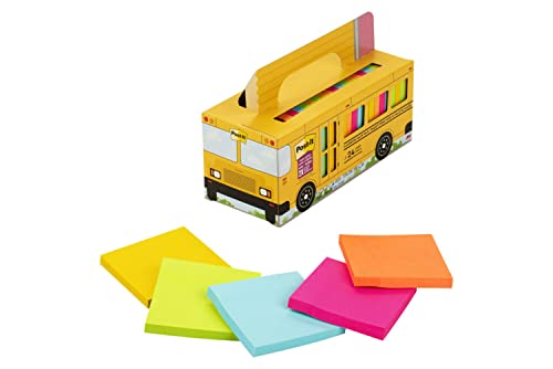 Post-it Super Sticky Notes Value Pack, 24 Pads, Convenient School Bus Carry and Storage Case, 2X The Sticking Power, 3x3 in, Bright Colors (Orange, Pink, Blue, Green, Yellow), Recyclable (654-24SSBUS)