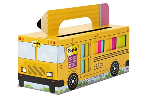 Post-it Super Sticky Notes Value Pack, 24 Pads, Convenient School Bus Carry and Storage Case, 2X The Sticking Power, 3x3 in, Bright Colors (Orange, Pink, Blue, Green, Yellow), Recyclable (654-24SSBUS)