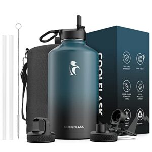 coolflask 128 oz gallon water bottle insulated with straw&3 lids, water jug large stainless steel metal vacuum wide mouth for sports, gym or office, bpa-free keep cold 48h hot 24h, samurai cyan