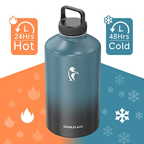 Coolflask 128 oz Gallon Water Bottle Insulated with Straw&3 Lids, Water Jug Large Stainless Steel Metal Vacuum Wide Mouth for Sports, Gym or Office, BPA-Free Keep Cold 48H Hot 24H, Samurai Cyan