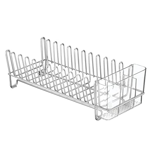 mDesign Steel Compact Modern Dish Drying Rack with Removable Cutlery Tray, Caddy - Dish Drainer, Dish Rack for Kitchen Counter, Sink - Holds Dishes, Utensil, Board - Concerto Collection - Chrome/Clear