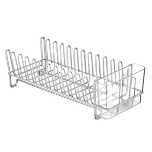 mDesign Steel Compact Modern Dish Drying Rack with Removable Cutlery Tray, Caddy - Dish Drainer, Dish Rack for Kitchen Counter, Sink - Holds Dishes, Utensil, Board - Concerto Collection - Chrome/Clear