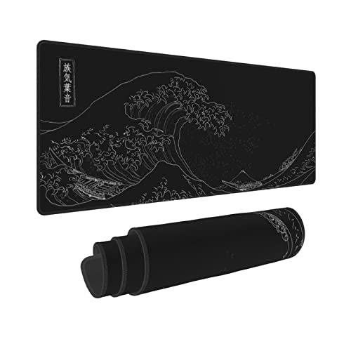 Extended Large Anime Black Mouse Pad The Great Wave off Kanagawa Painting Big Gaming Mouse Mat XXL Non-Slip Water-Resistant Rubber Base Computer Keyboard Mat Full Desk Mousepad 3D Pattern Keyboard Mat