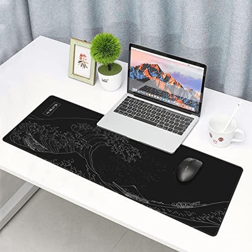 Extended Large Anime Black Mouse Pad The Great Wave off Kanagawa Painting Big Gaming Mouse Mat XXL Non-Slip Water-Resistant Rubber Base Computer Keyboard Mat Full Desk Mousepad 3D Pattern Keyboard Mat