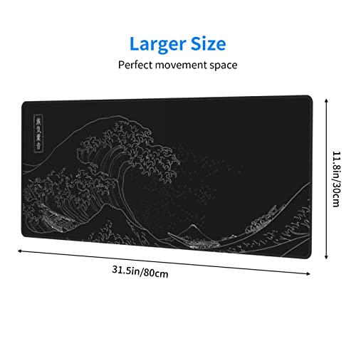 Extended Large Anime Black Mouse Pad The Great Wave off Kanagawa Painting Big Gaming Mouse Mat XXL Non-Slip Water-Resistant Rubber Base Computer Keyboard Mat Full Desk Mousepad 3D Pattern Keyboard Mat