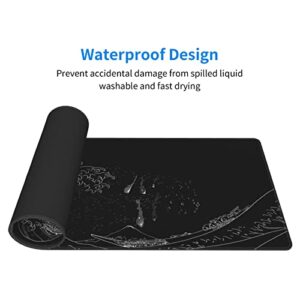 Extended Large Anime Black Mouse Pad The Great Wave off Kanagawa Painting Big Gaming Mouse Mat XXL Non-Slip Water-Resistant Rubber Base Computer Keyboard Mat Full Desk Mousepad 3D Pattern Keyboard Mat